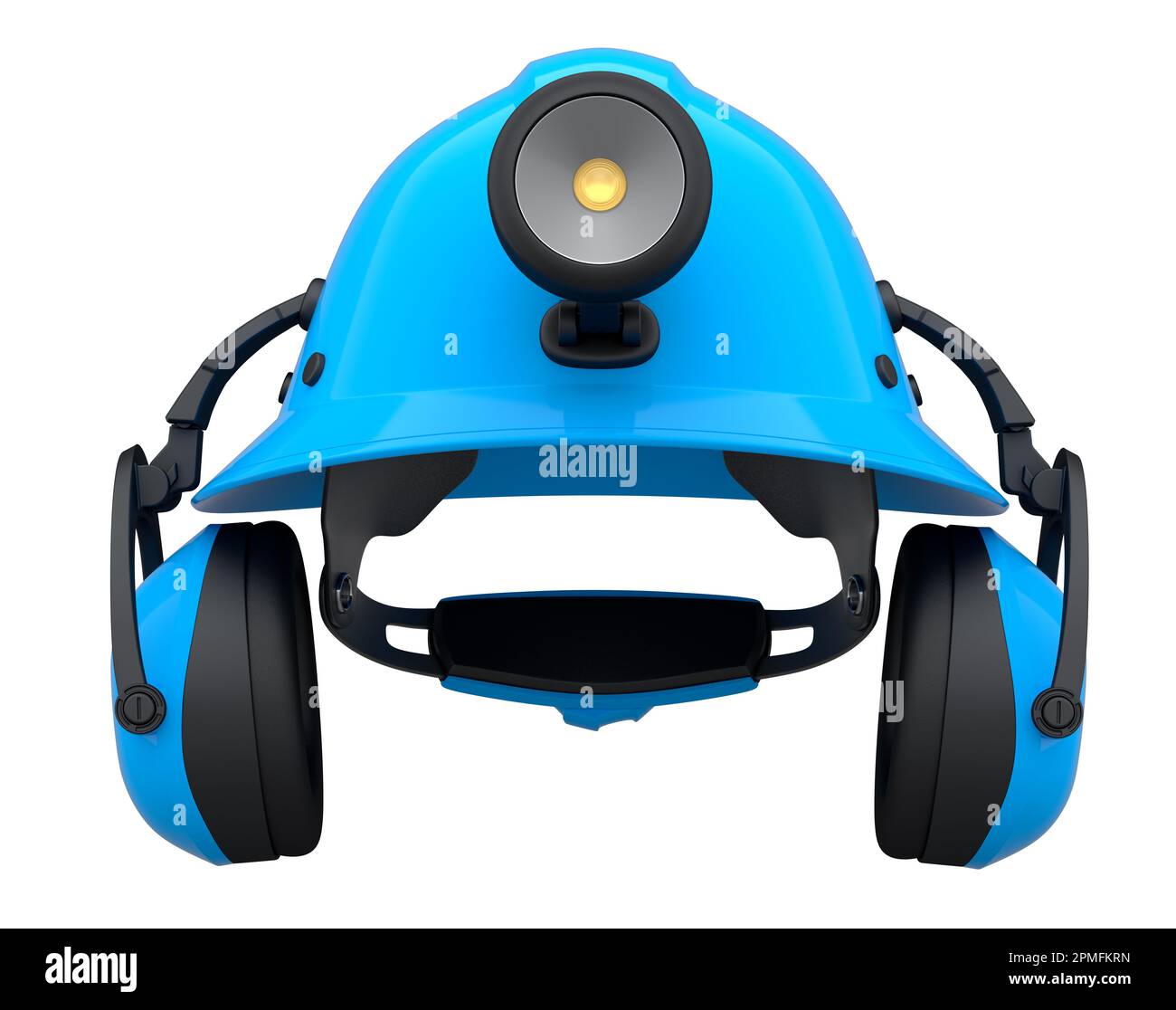 Blue safety helmet or hard cap with flashlight and headphones on white ...