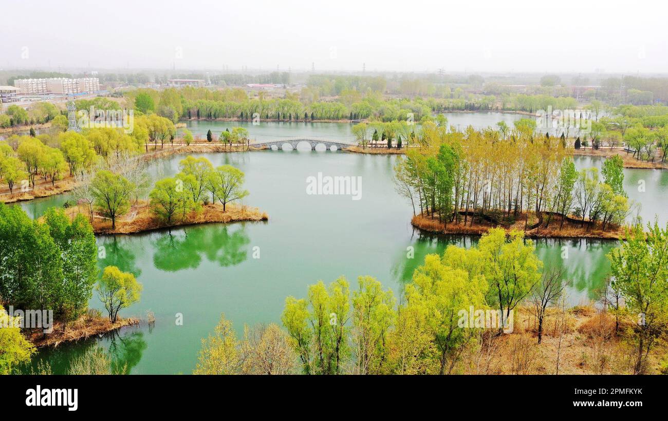 Aerial photo shows the spring scenery of the Changgou Wetland Park in ...