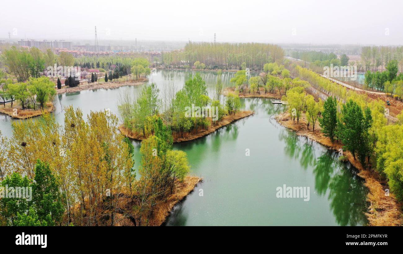 Aerial photo shows the spring scenery of the Changgou Wetland Park in ...