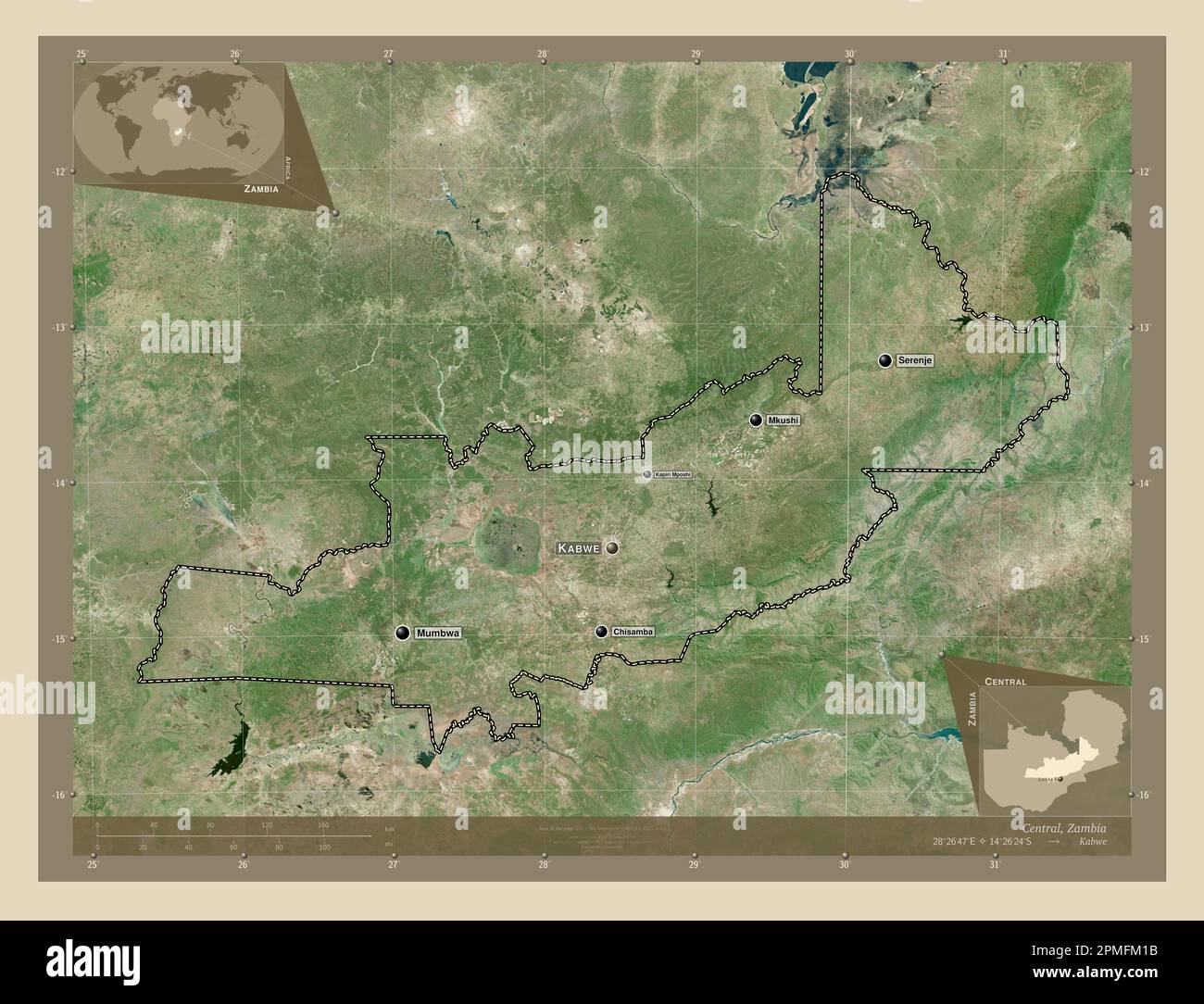 Central, region of Zambia. High resolution satellite map. Locations and ...