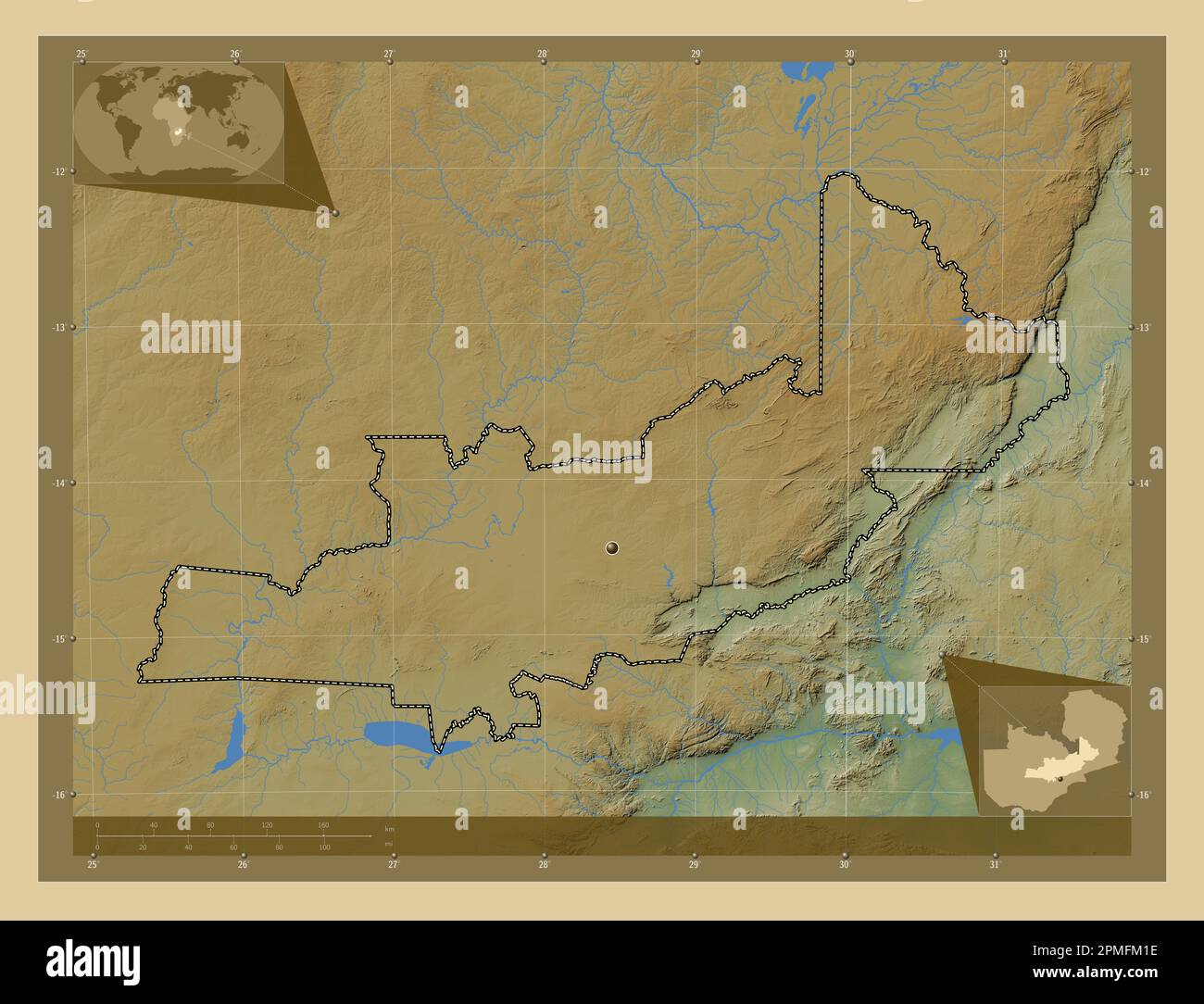 Central, region of Zambia. Colored elevation map with lakes and rivers ...