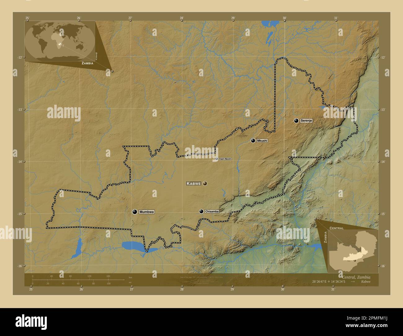 Central, region of Zambia. Colored elevation map with lakes and rivers ...