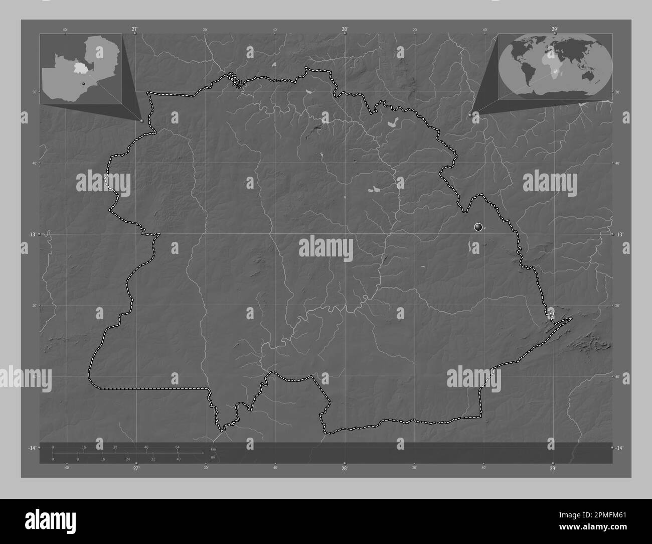 Copperbelt, province of Zambia. Grayscale elevation map with lakes and ...