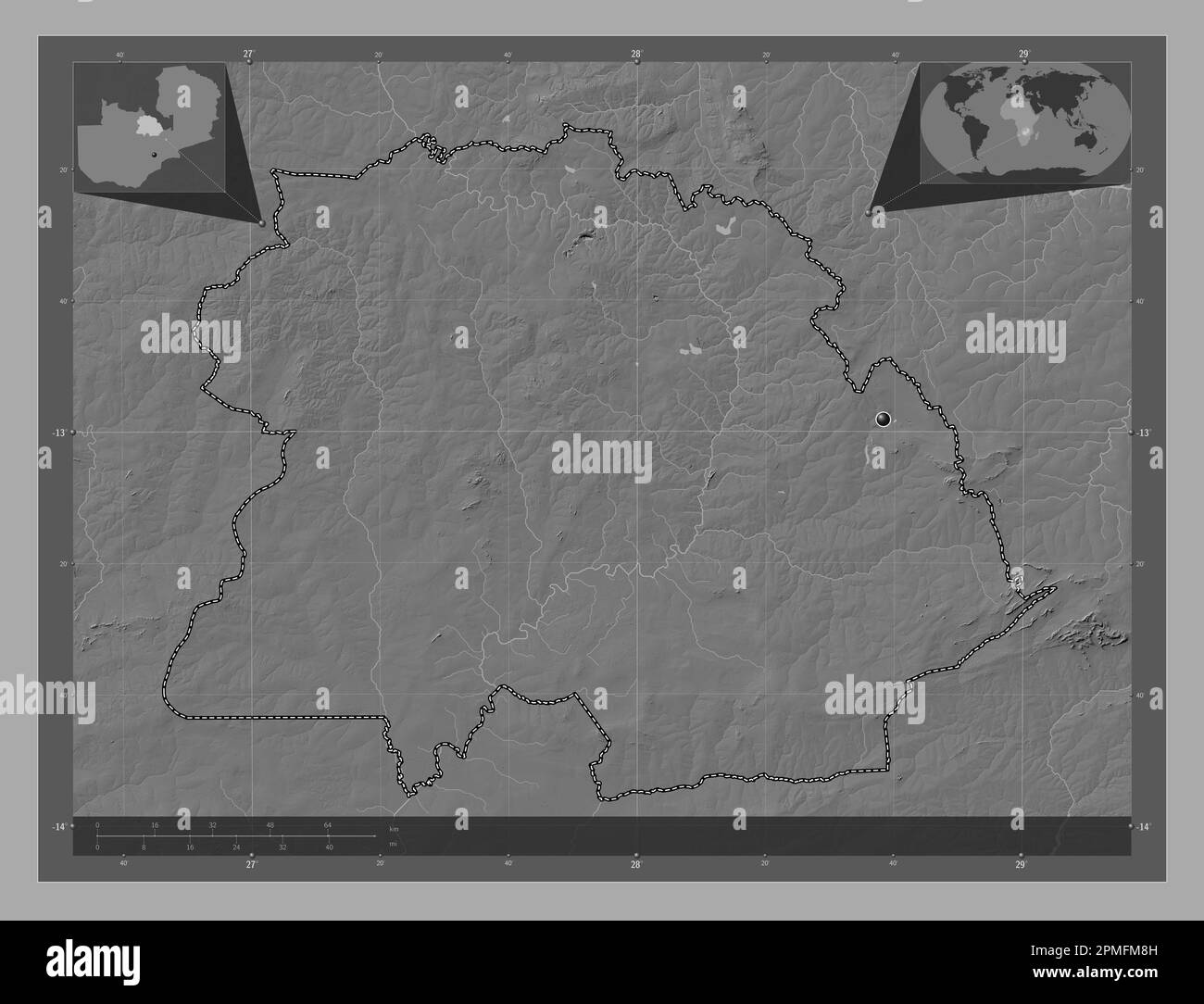 Copperbelt, province of Zambia. Bilevel elevation map with lakes and ...