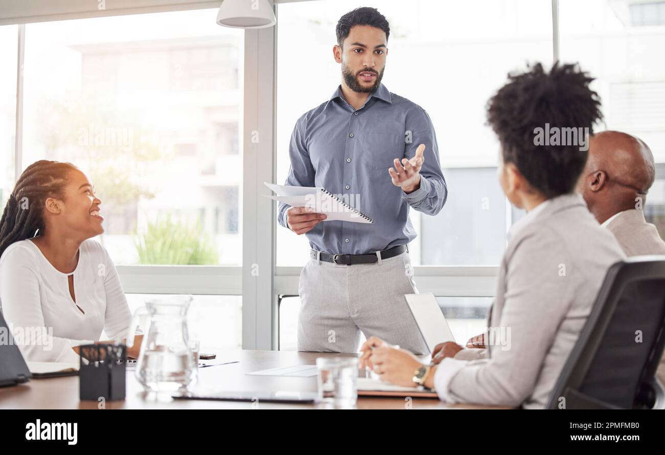 Meeting, proposal and team workshop, man with ideas at project ...