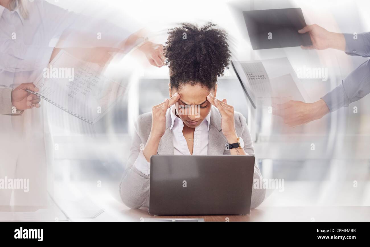 Fast, business woman and stress with burnout, busy and multitasking ...