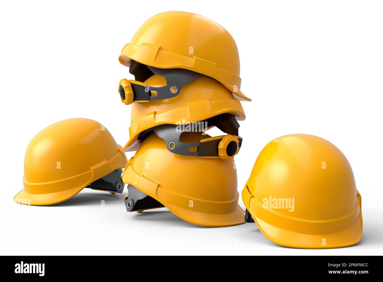Stack of safety helmets or hard caps on white background. 3d render and ...
