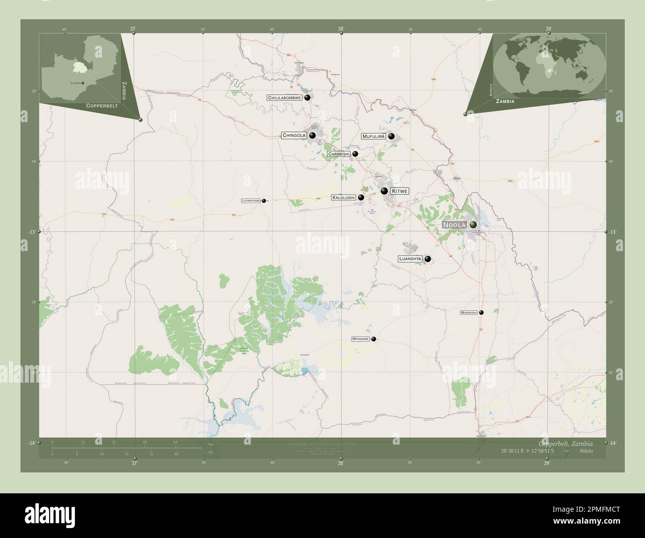 Copperbelt, province of Zambia. Open Street Map. Locations and names of ...