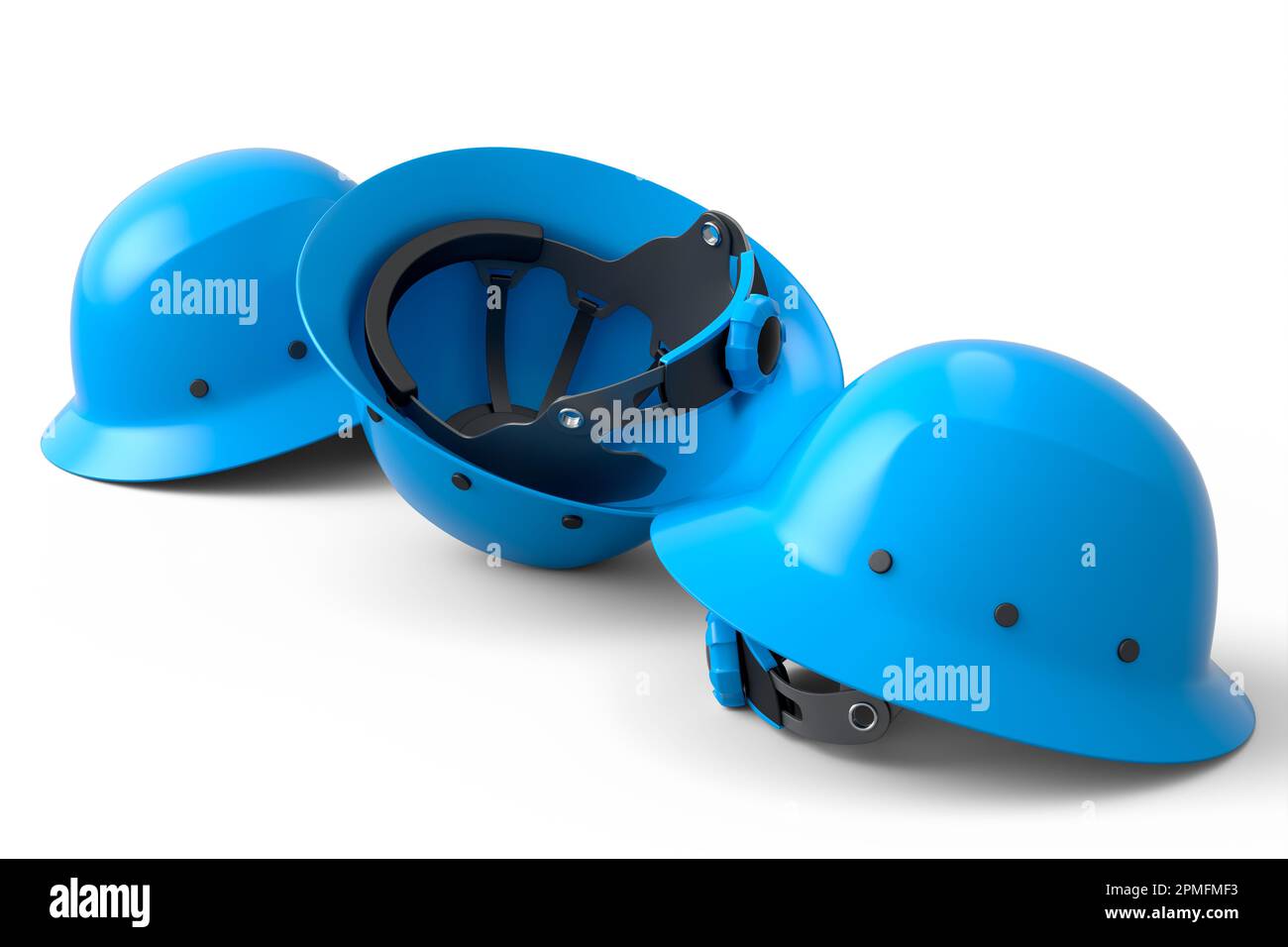Heap of safety helmets or hard caps on white background. 3d render and ...