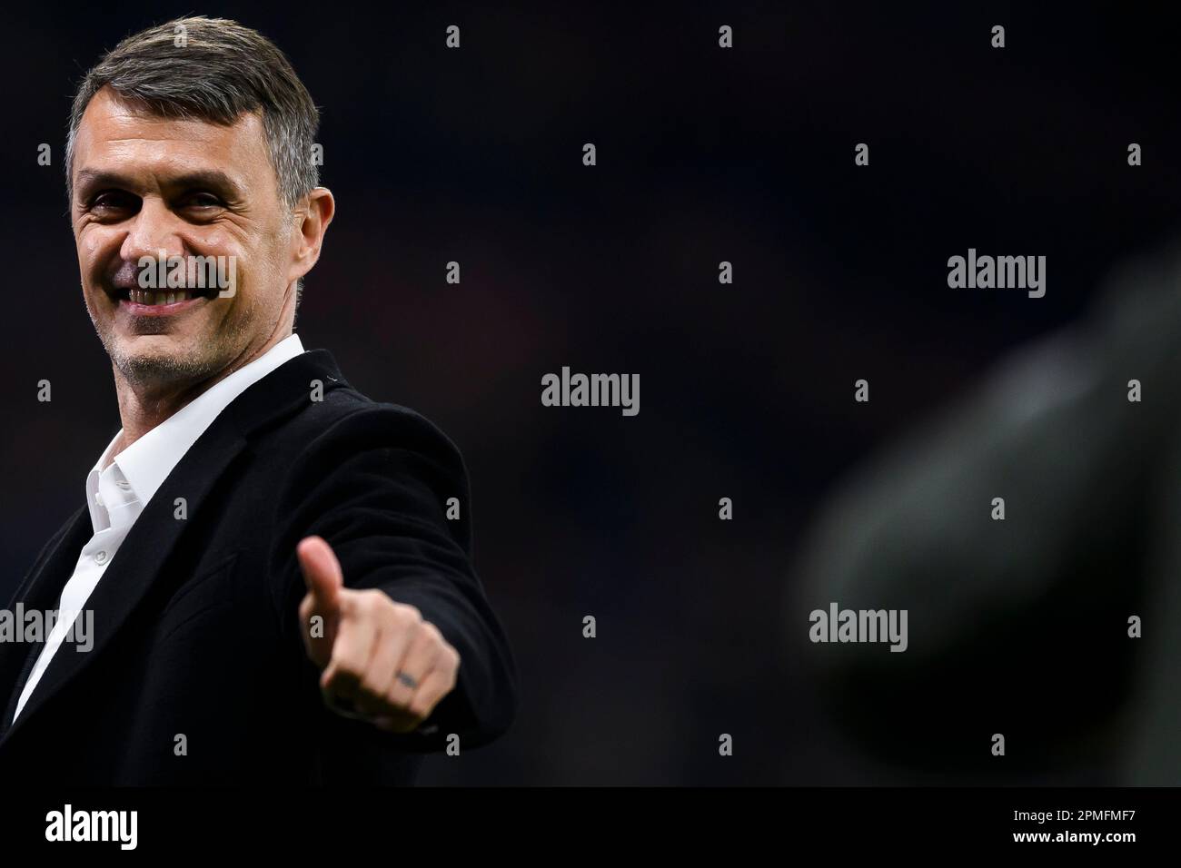 Milan, Italy. 12 April 2023. Paolo Maldini gestures prior to the UEFA ...