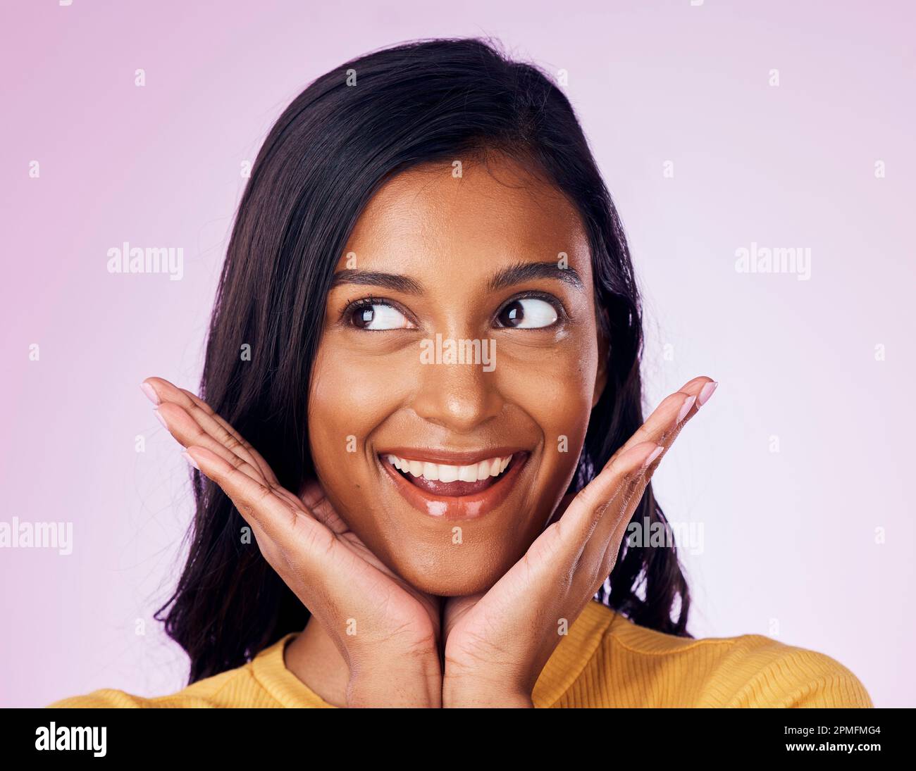 Excited, beauty and face of happy Indian woman on pink background with ...