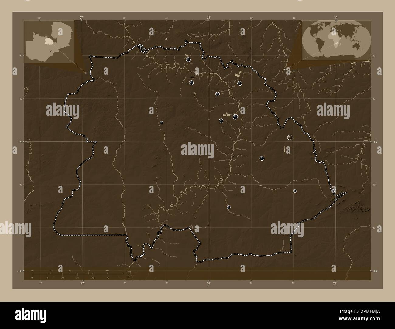 Copperbelt, province of Zambia. Elevation map colored in sepia tones ...