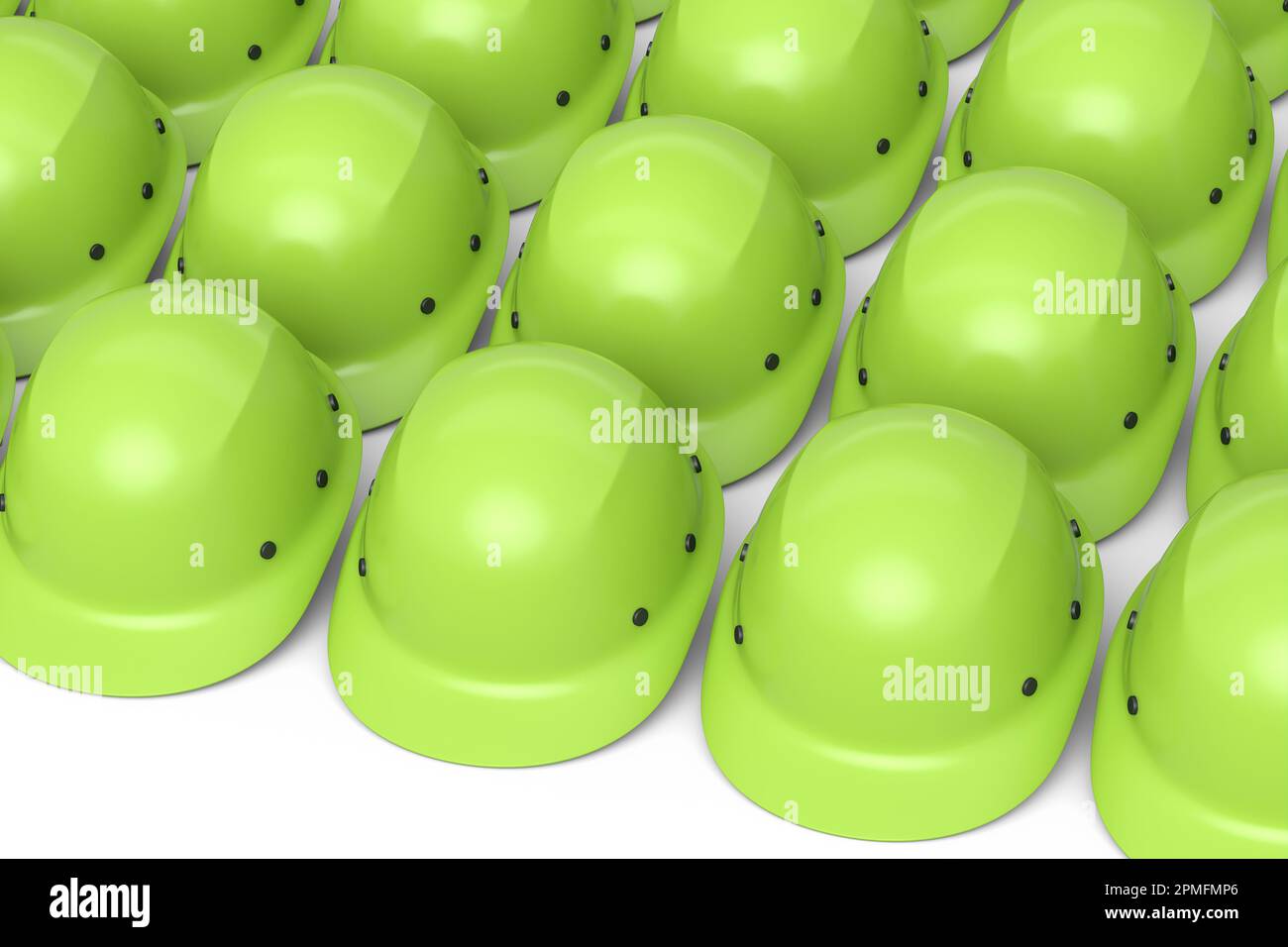 Set of safety helmets or hard caps for carpentry work in row on white ...