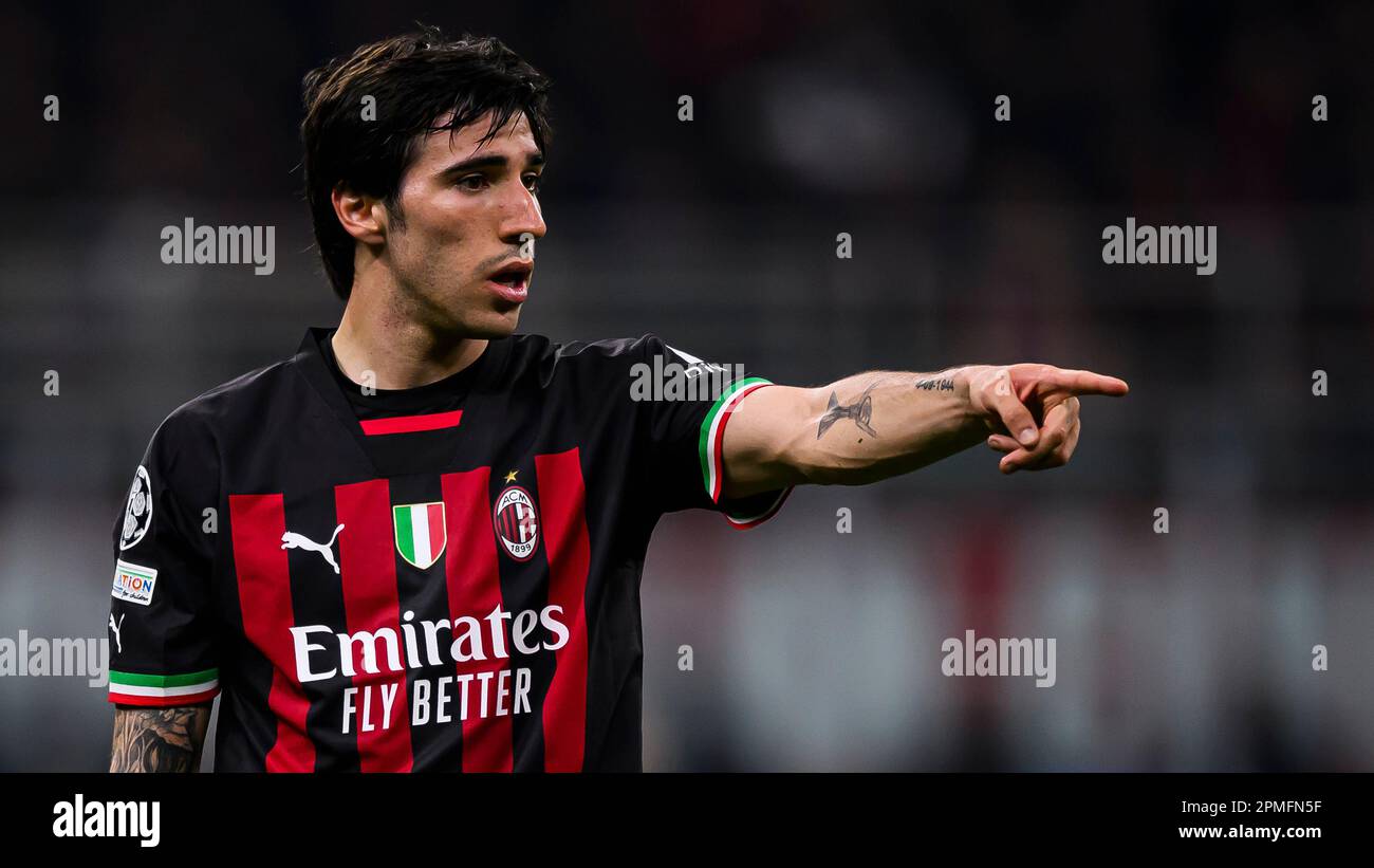 Milan, Italy. 12 April 2023. Sandro Tonali of AC Milan gestures during ...
