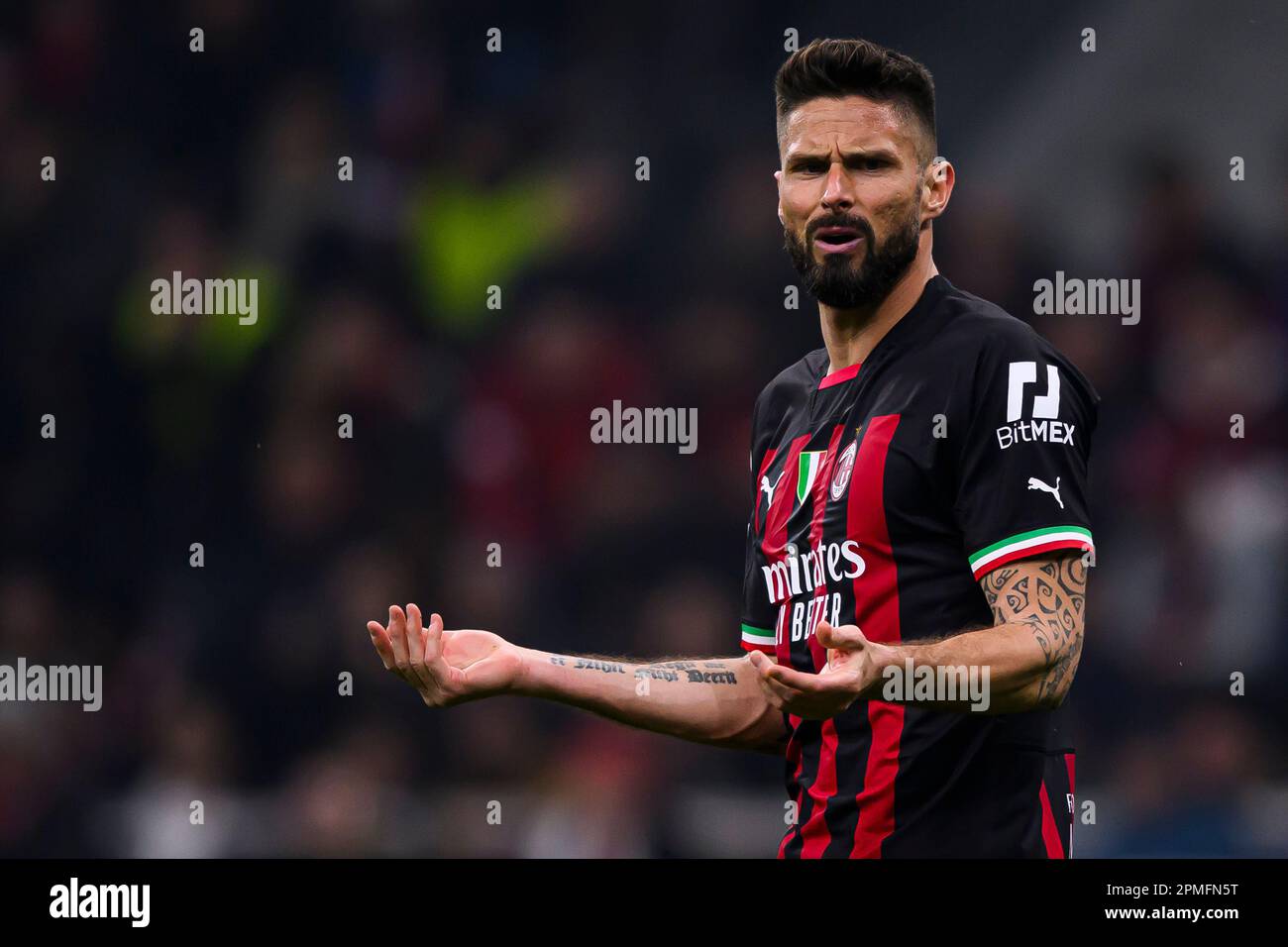 Milan, Italy. 12 April 2023. Olivier Giroud of AC Milan reacts during ...