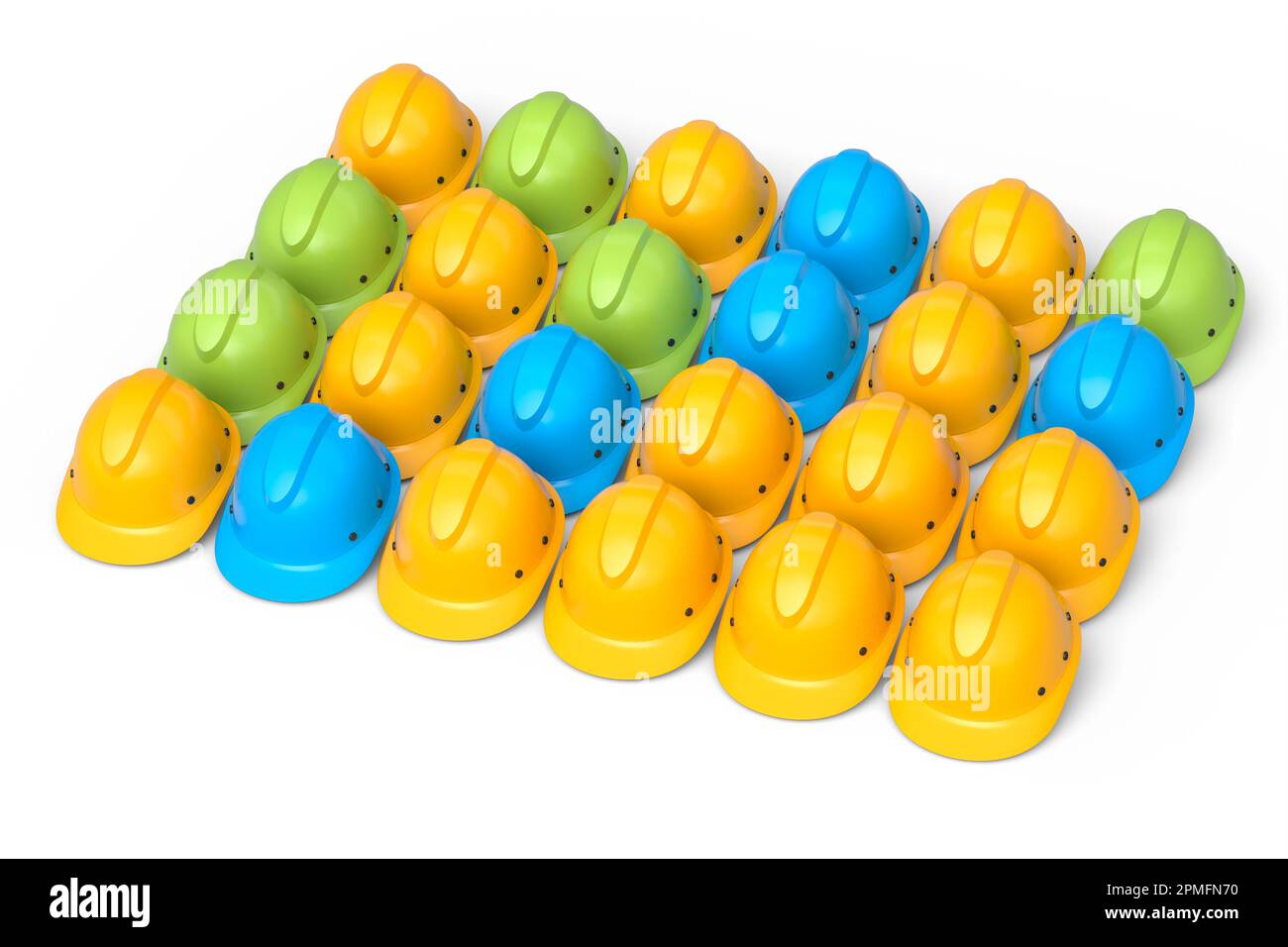 Set of safety helmets or hard caps for carpentry work in row on white ...