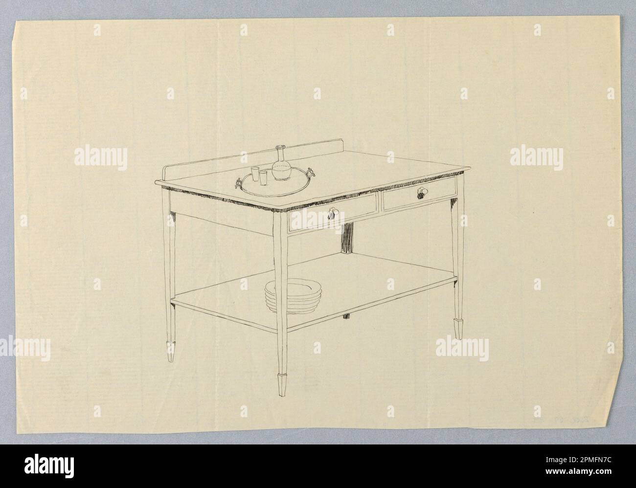 Drawing, Design for Serving Table with Tray and Stack of Plates Atop ...