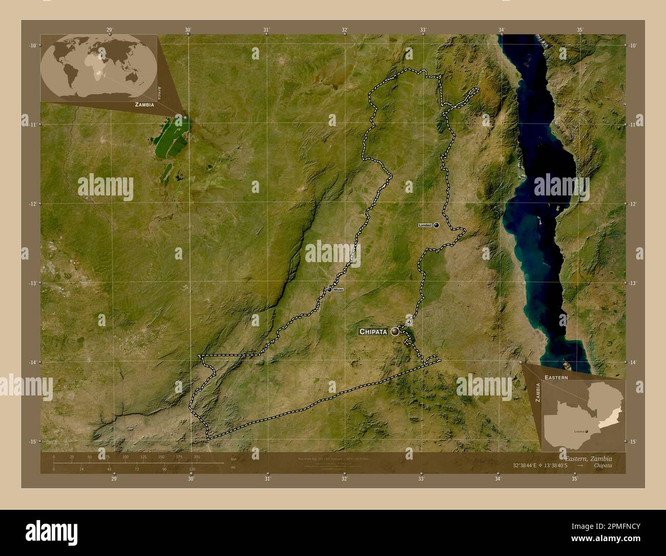 Eastern, region of Zambia. Low resolution satellite map. Locations and ...