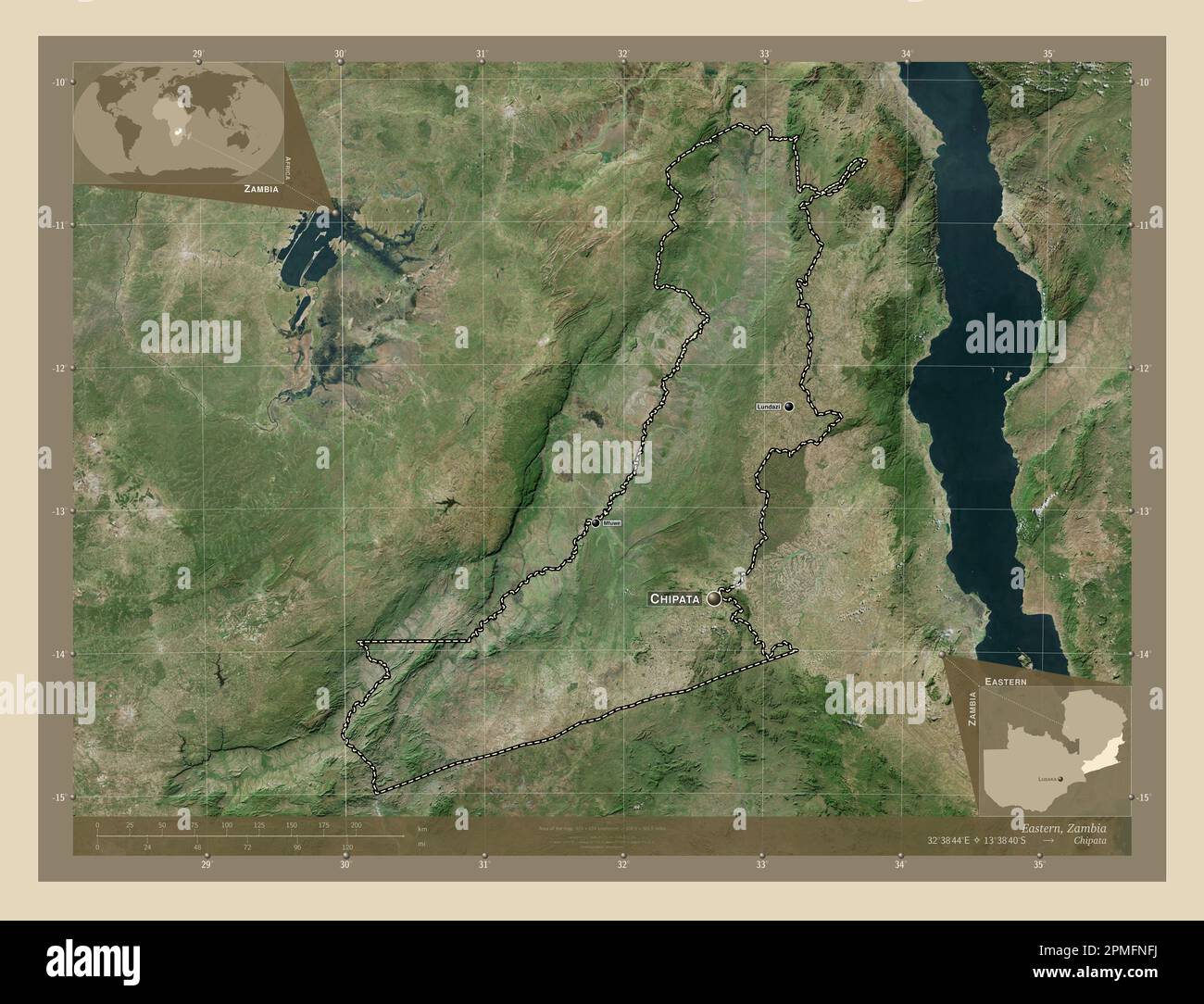 Eastern, region of Zambia. High resolution satellite map. Locations and ...
