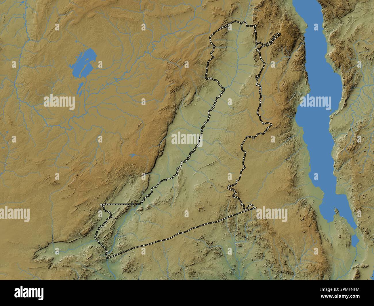 Eastern, region of Zambia. Colored elevation map with lakes and rivers ...