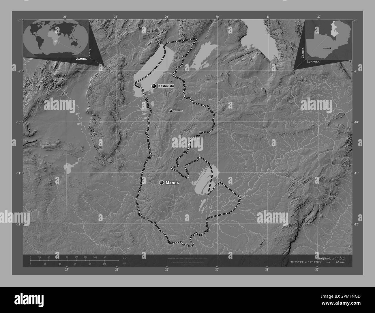 Luapula, province of Zambia. Bilevel elevation map with lakes and ...