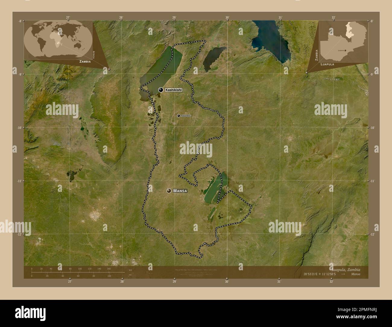 Luapula, province of Zambia. Low resolution satellite map. Locations ...