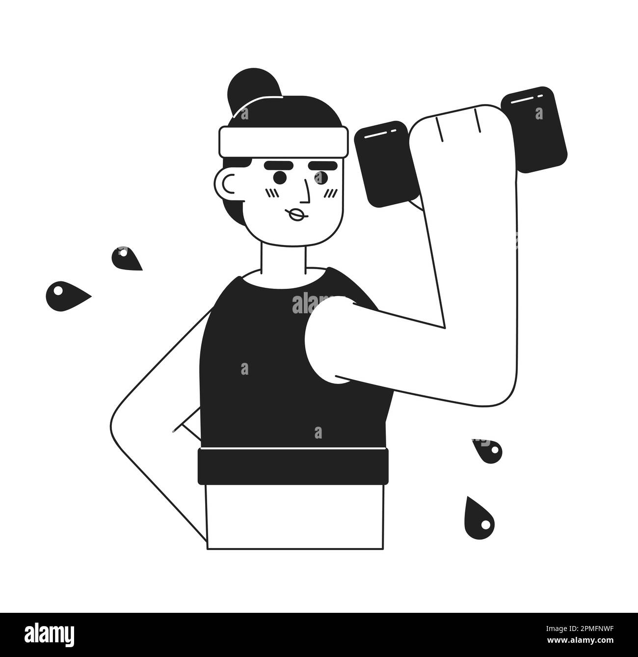 Sporty woman lifting dumbbell monochromatic flat vector character Stock ...