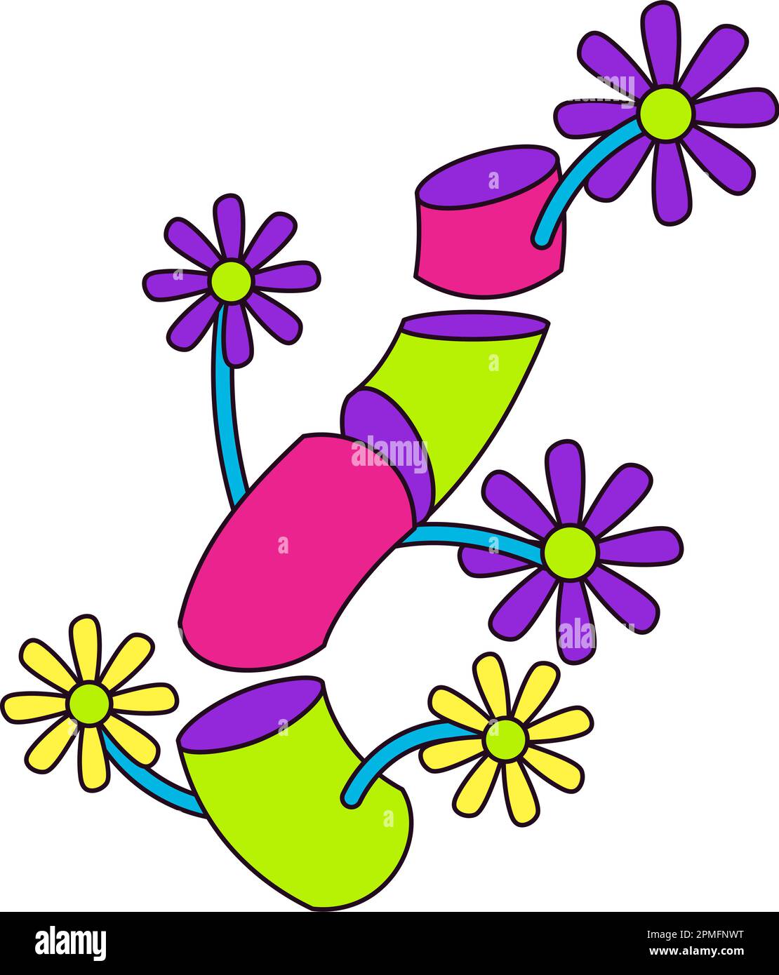 Abstract doodle character with blooming flowers and leaves. Isolated ...