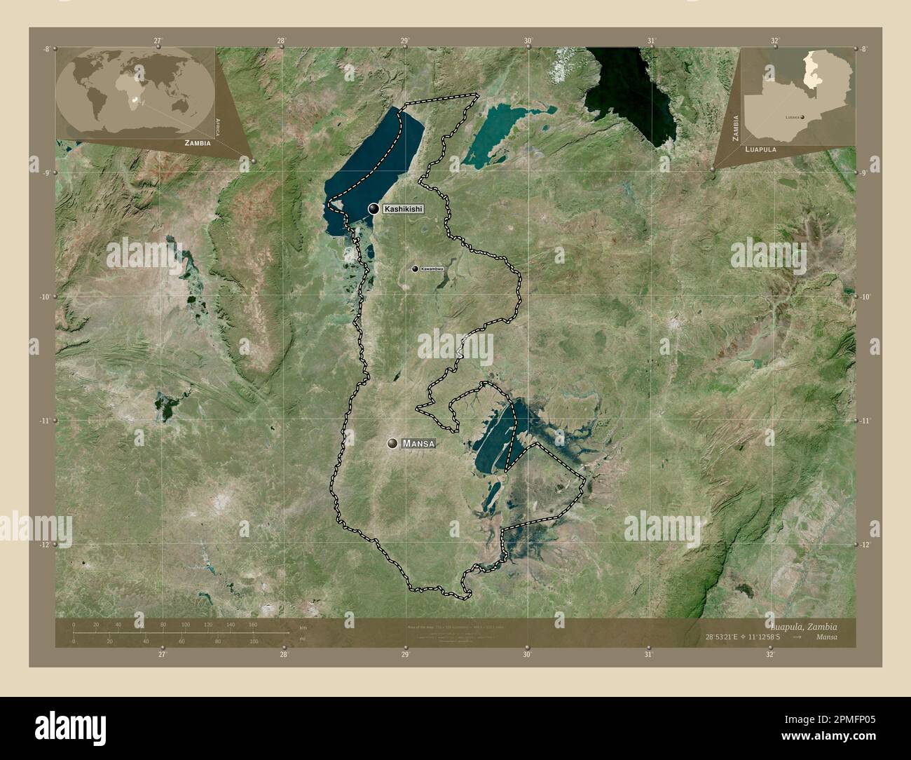 Luapula, province of Zambia. High resolution satellite map. Locations ...