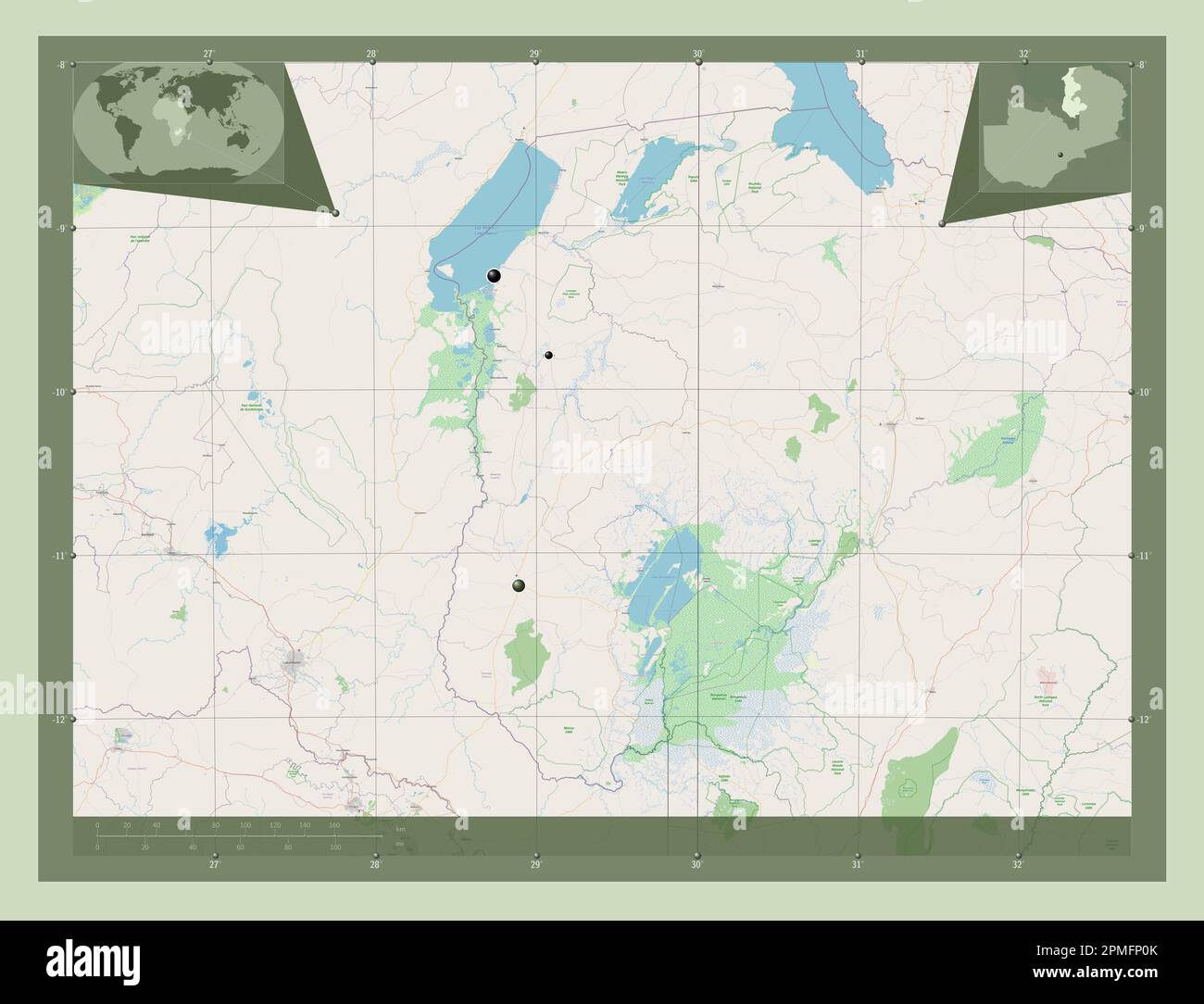 Luapula, province of Zambia. Open Street Map. Locations of major cities ...