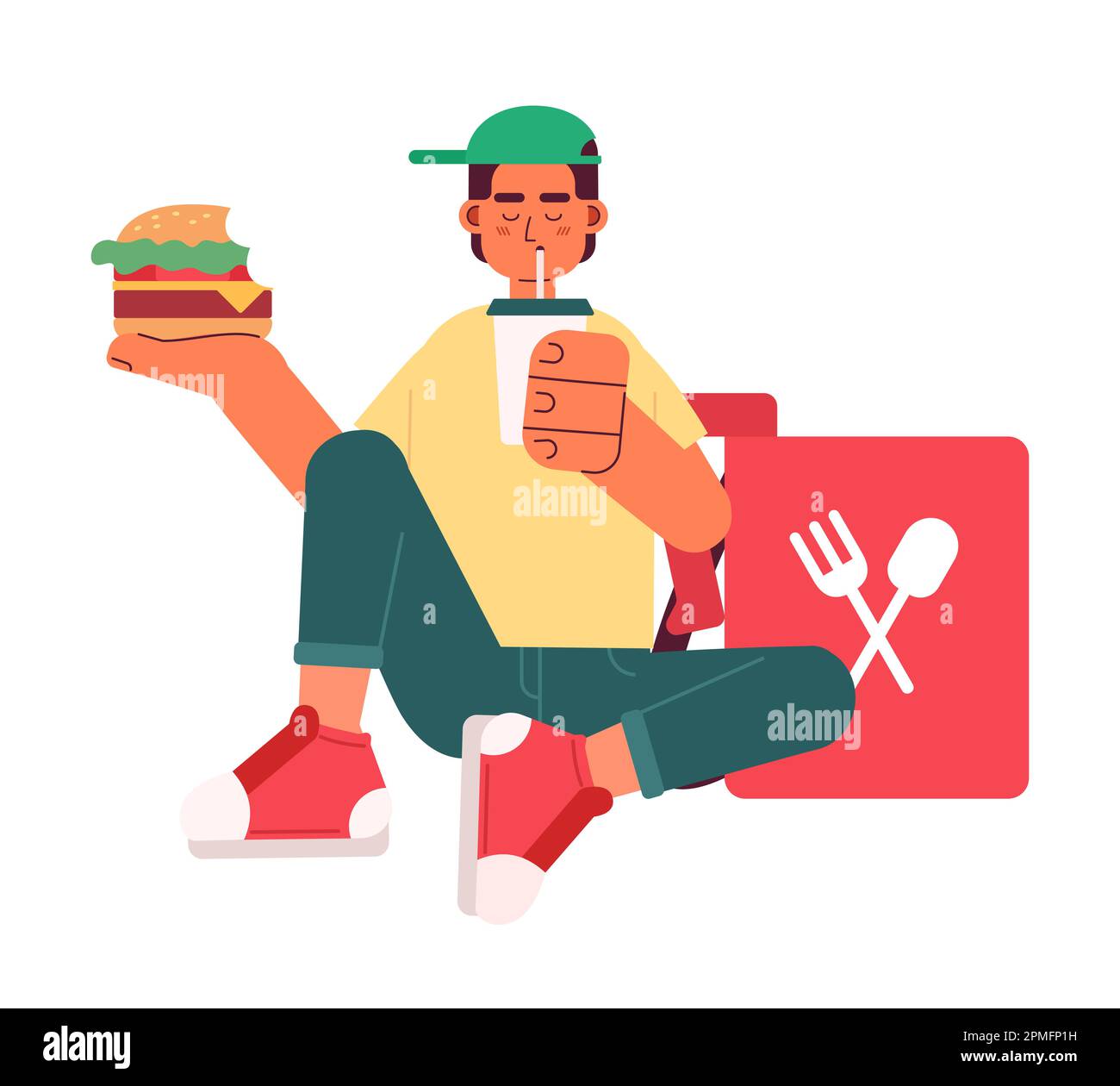 Food delivery teen worker eating cheeseburger, drinking semi flat ...