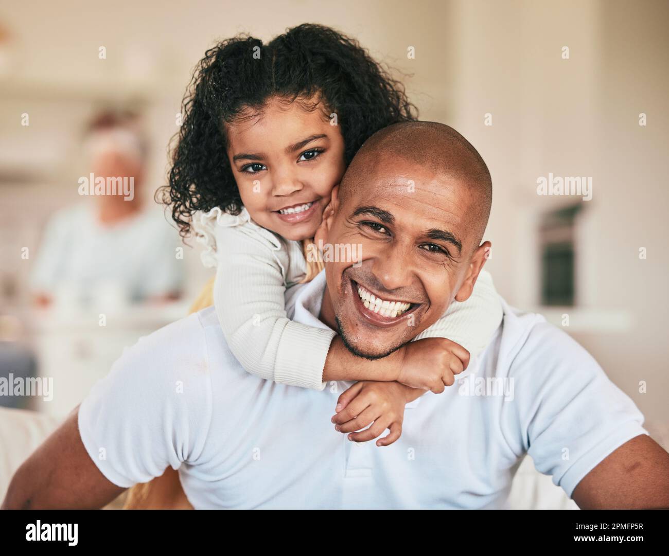 Home portrait, father and kid hug dad, papa or parents for fathers day ...