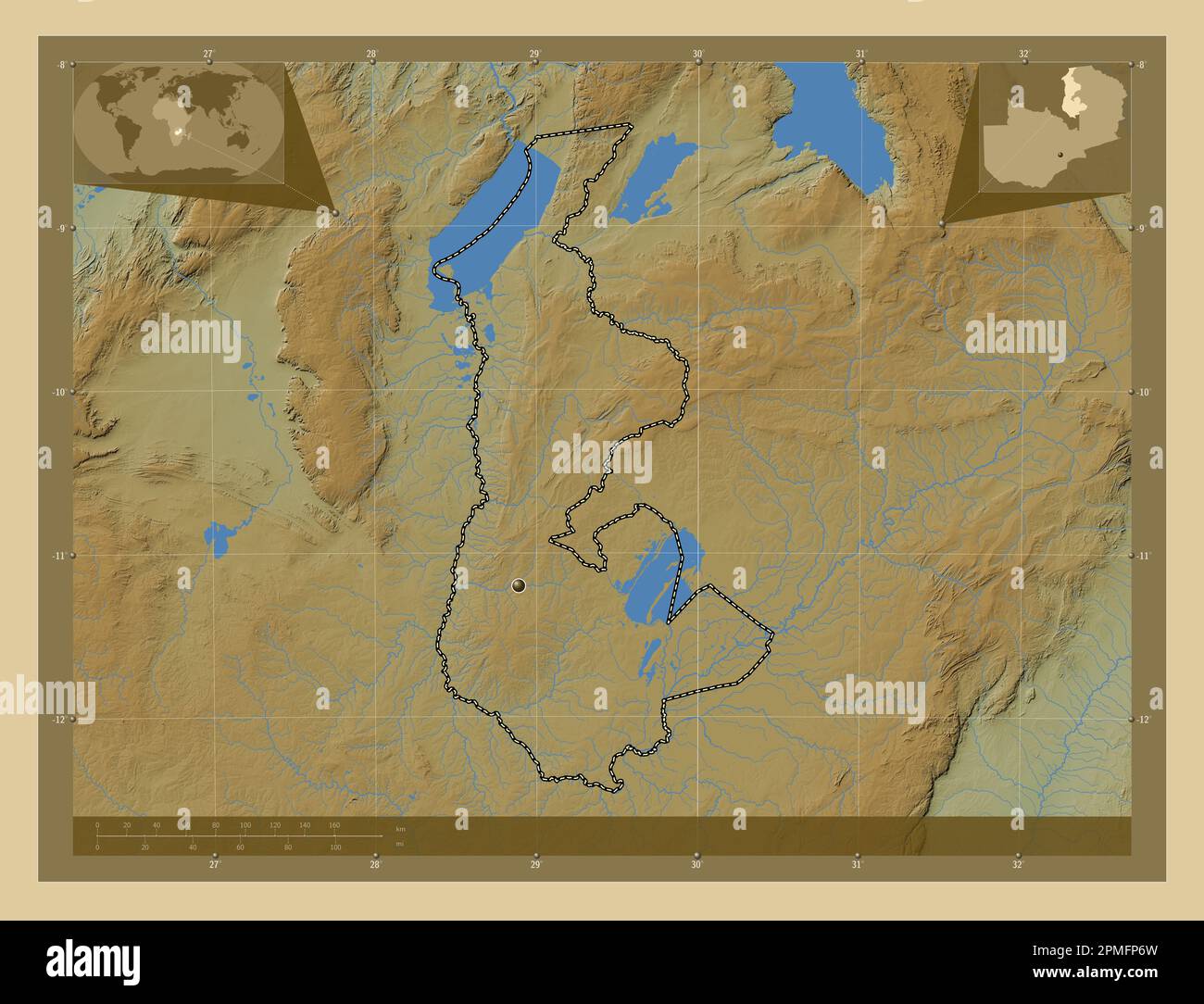 Luapula, province of Zambia. Colored elevation map with lakes and ...