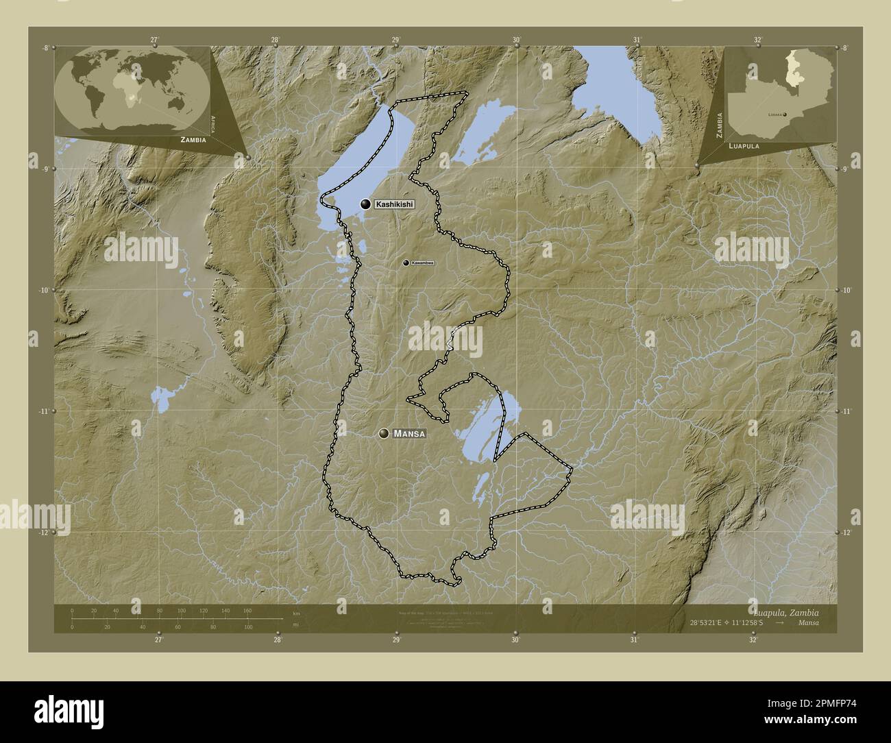 Luapula, province of Zambia. Elevation map colored in wiki style with ...