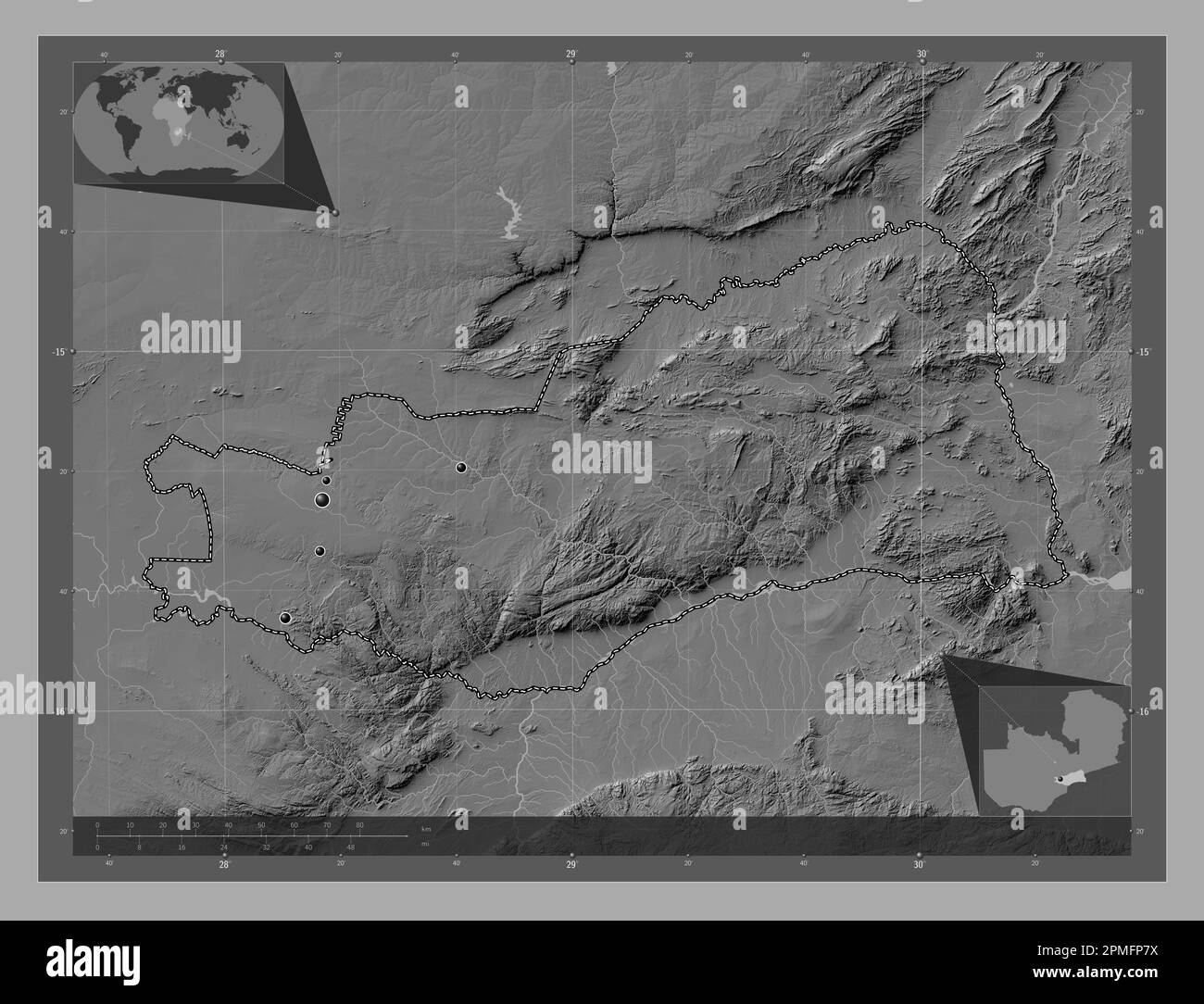 Lusaka, province of Zambia. Bilevel elevation map with lakes and rivers ...