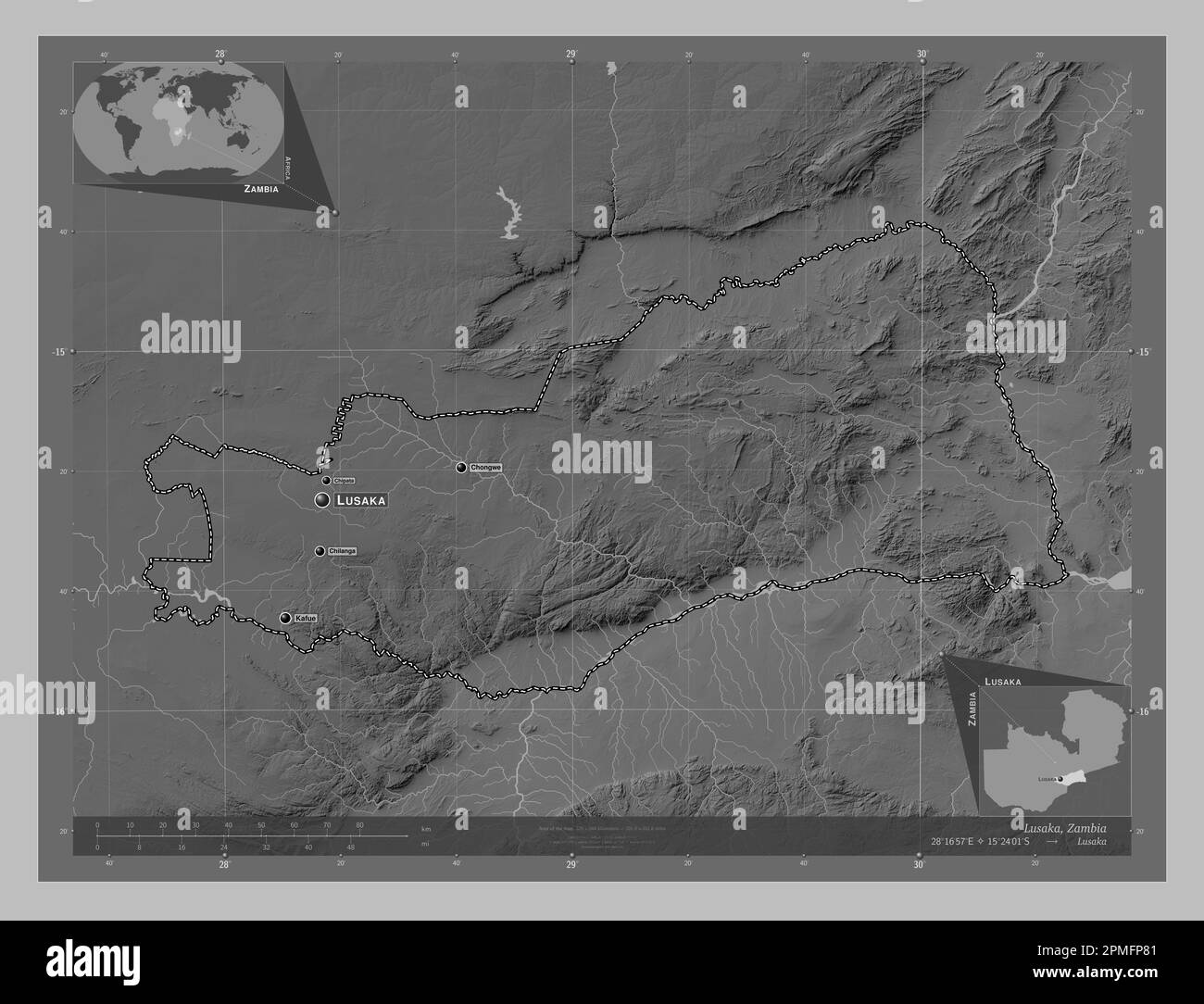 Lusaka, province of Zambia. Grayscale elevation map with lakes and ...