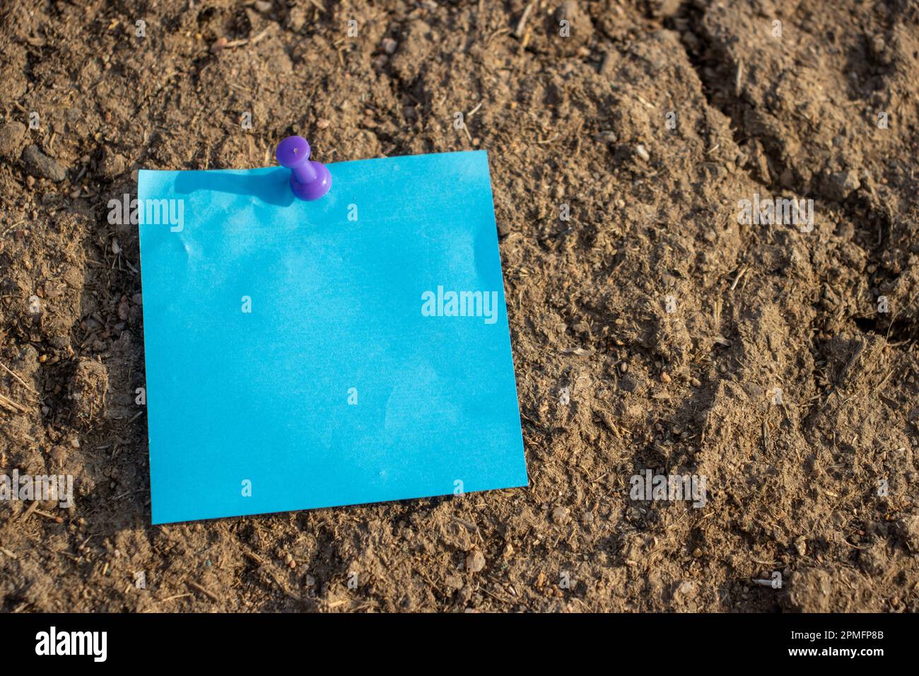 one purple map pin blue square paper note on brown dried mud with empty ...