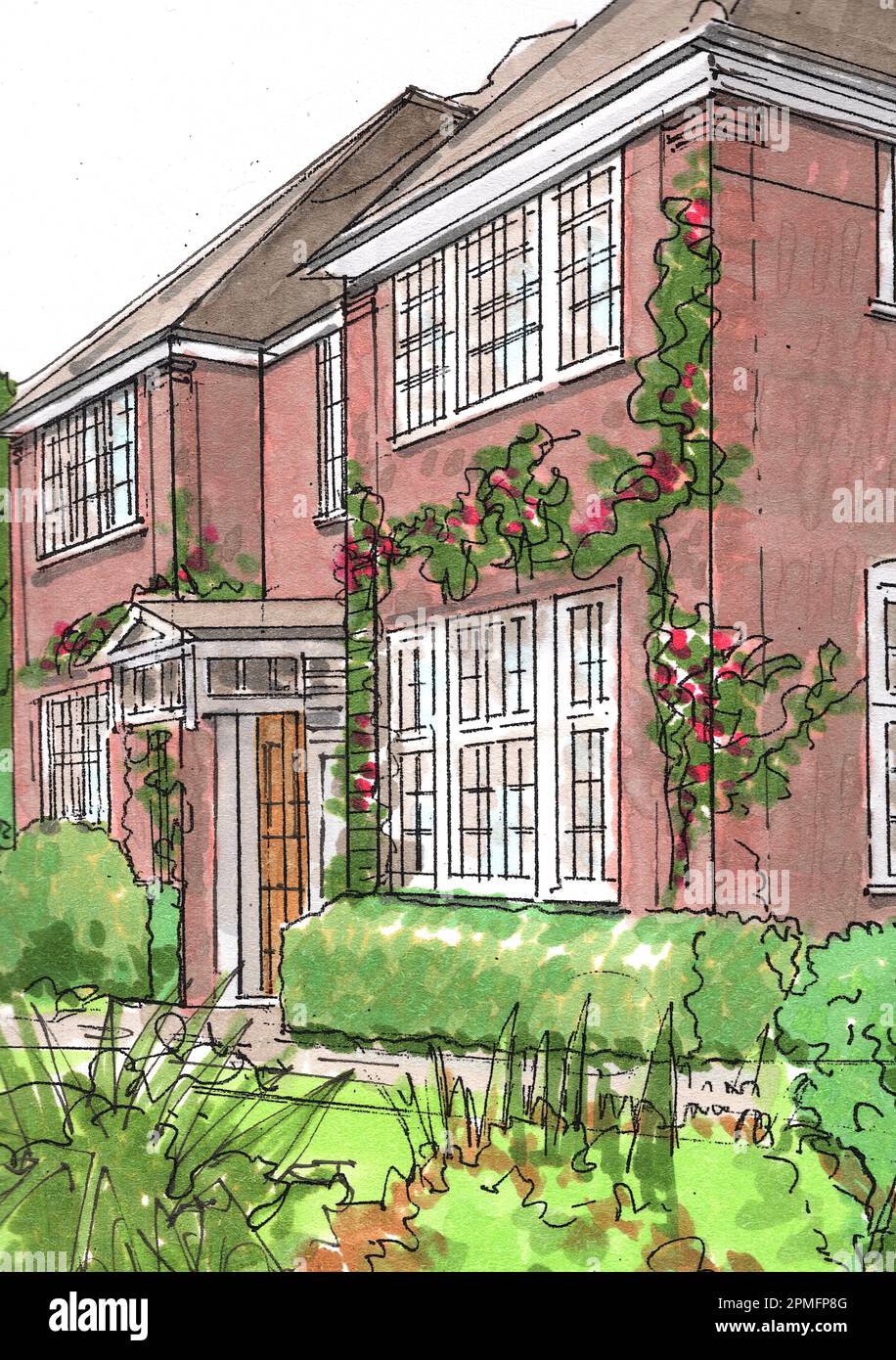 Colour sketch for the front of a large country house Stock Photo - Alamy