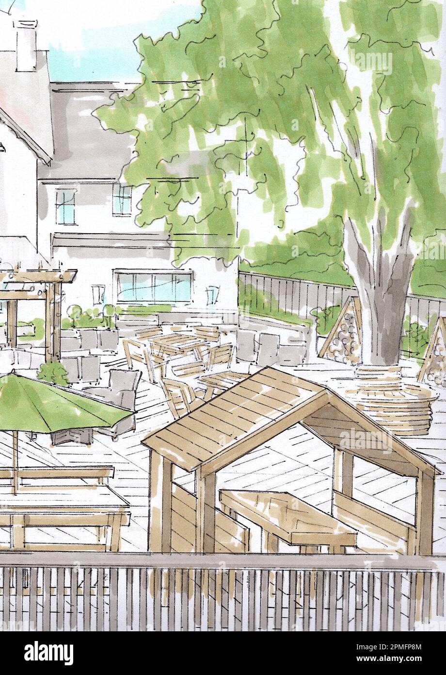 Colour sketch for a restaurant garden with seating Stock Photo - Alamy