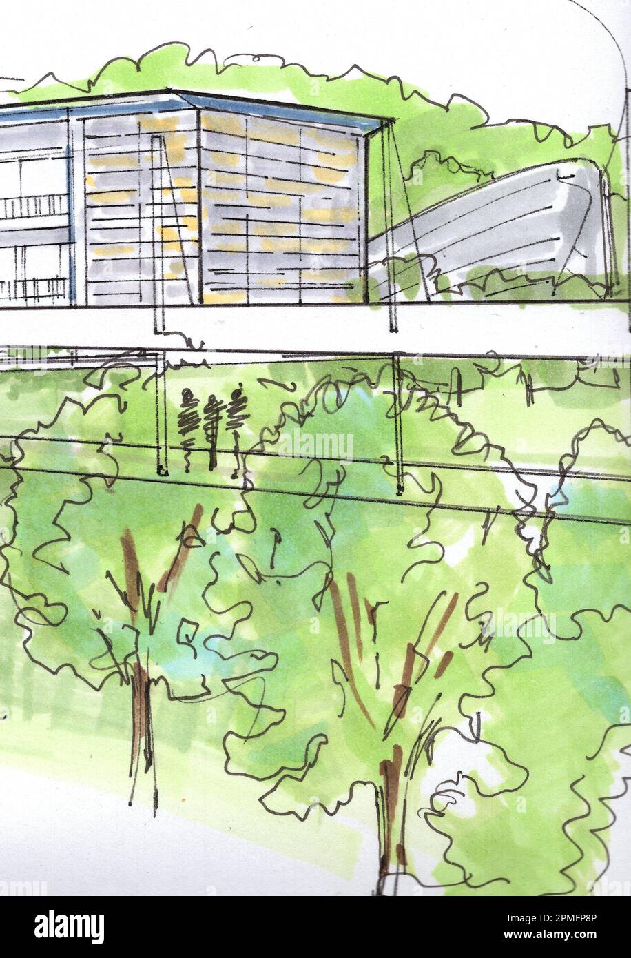 Colour sketch of a modern landscaped office complex Stock Photo - Alamy