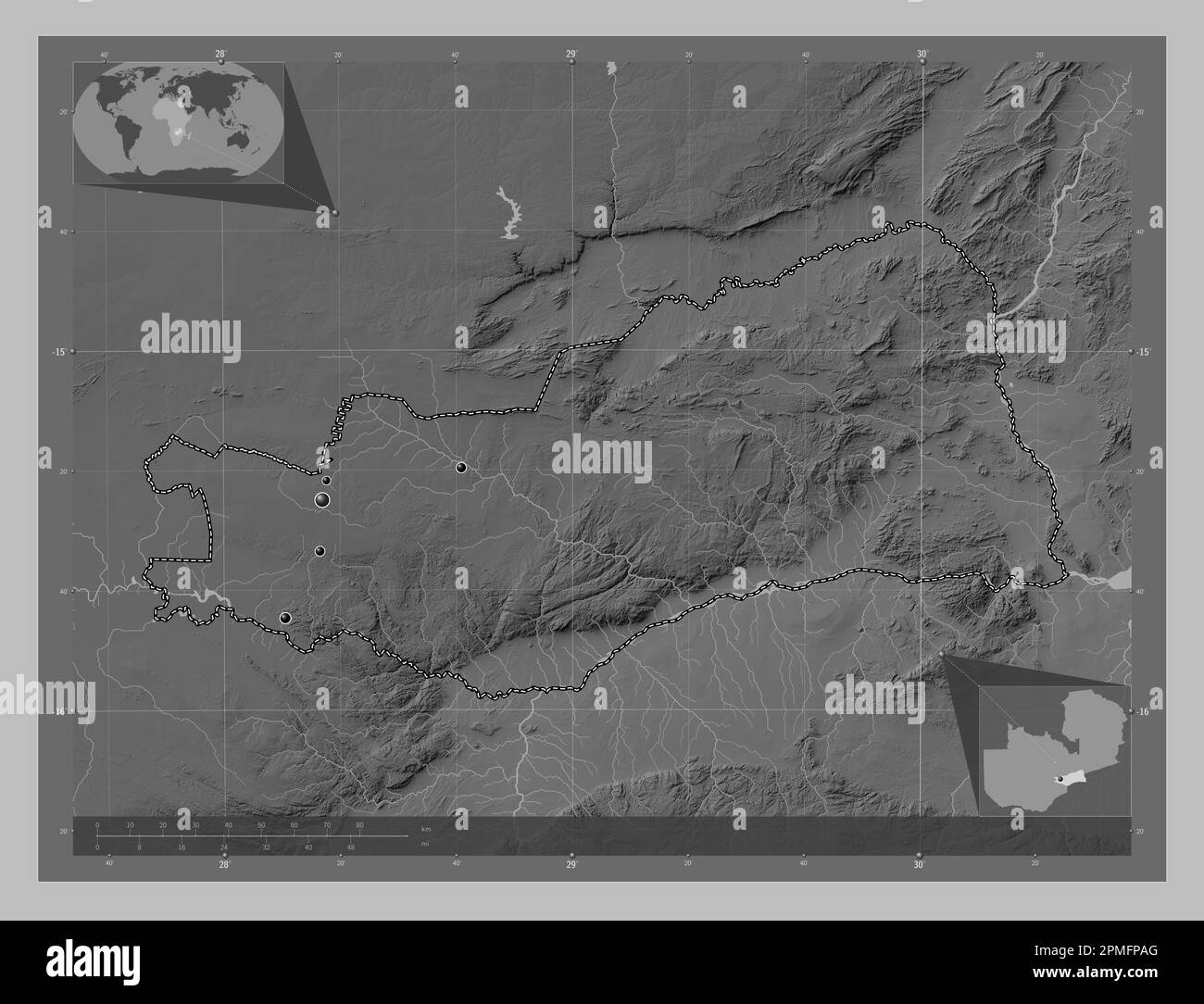 Lusaka, province of Zambia. Grayscale elevation map with lakes and ...