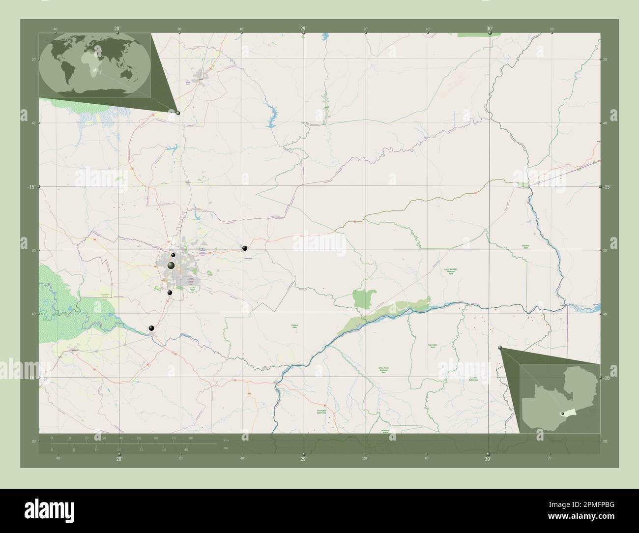 Lusaka, province of Zambia. Open Street Map. Locations of major cities ...