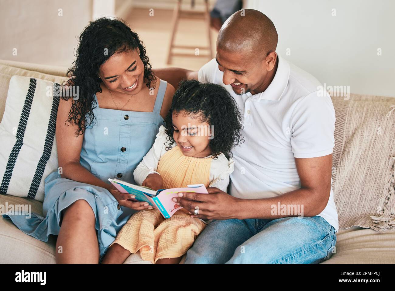 Happy family, parents or child reading story book, cartoon comic books ...