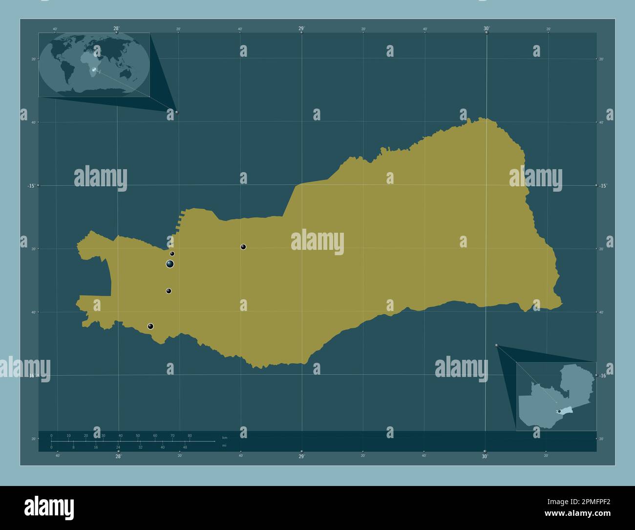 Lusaka, province of Zambia. Solid color shape. Locations of major ...