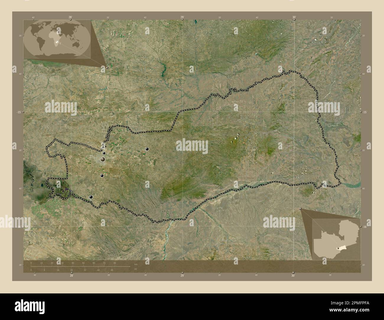 Lusaka, province of Zambia. High resolution satellite map. Locations of ...