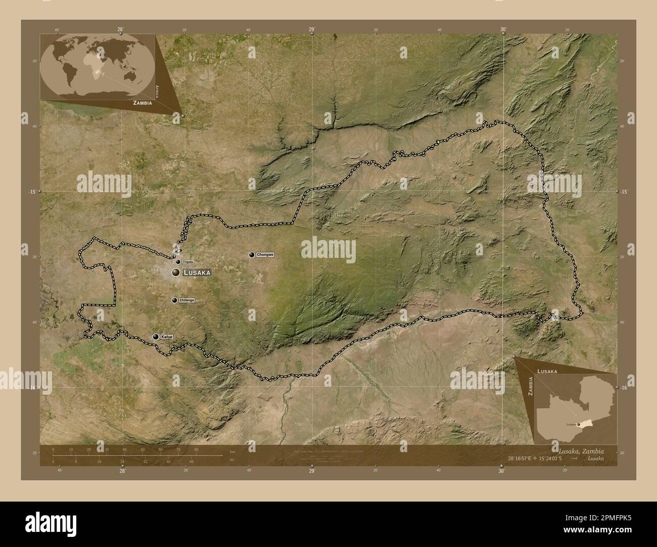 Lusaka, province of Zambia. Low resolution satellite map. Locations and ...