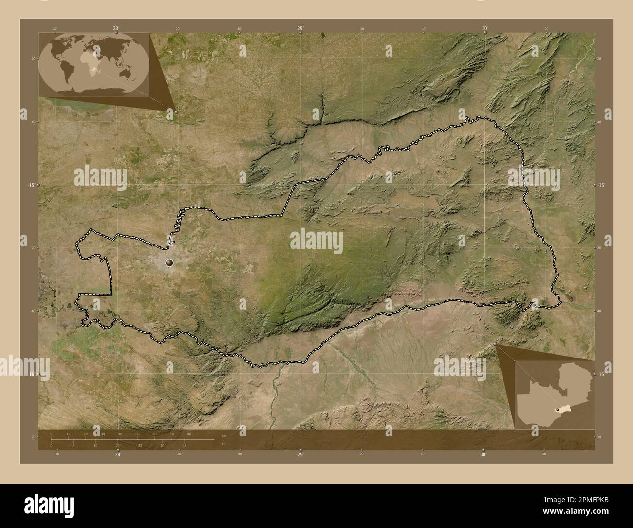 Lusaka, province of Zambia. Low resolution satellite map. Corner ...