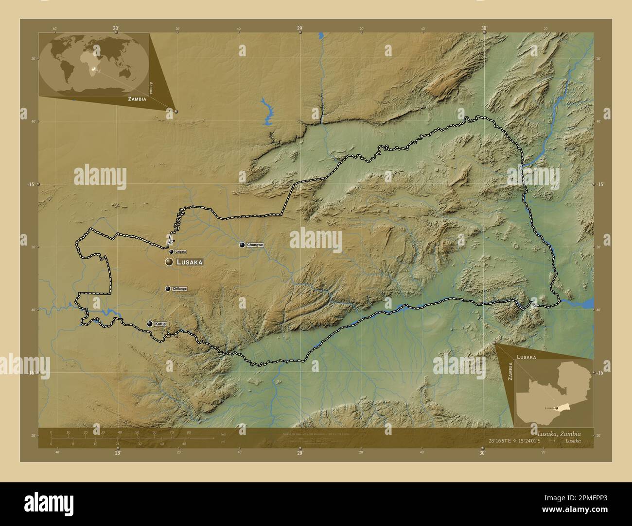 Lusaka, province of Zambia. Colored elevation map with lakes and rivers ...