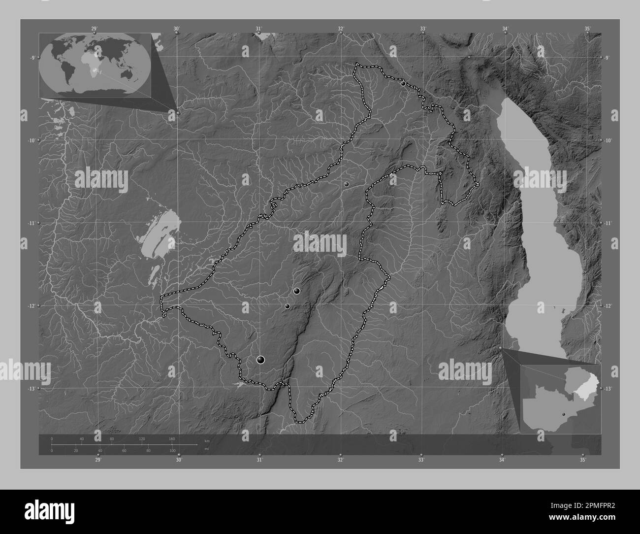 Muchinga, province of Zambia. Grayscale elevation map with lakes and ...