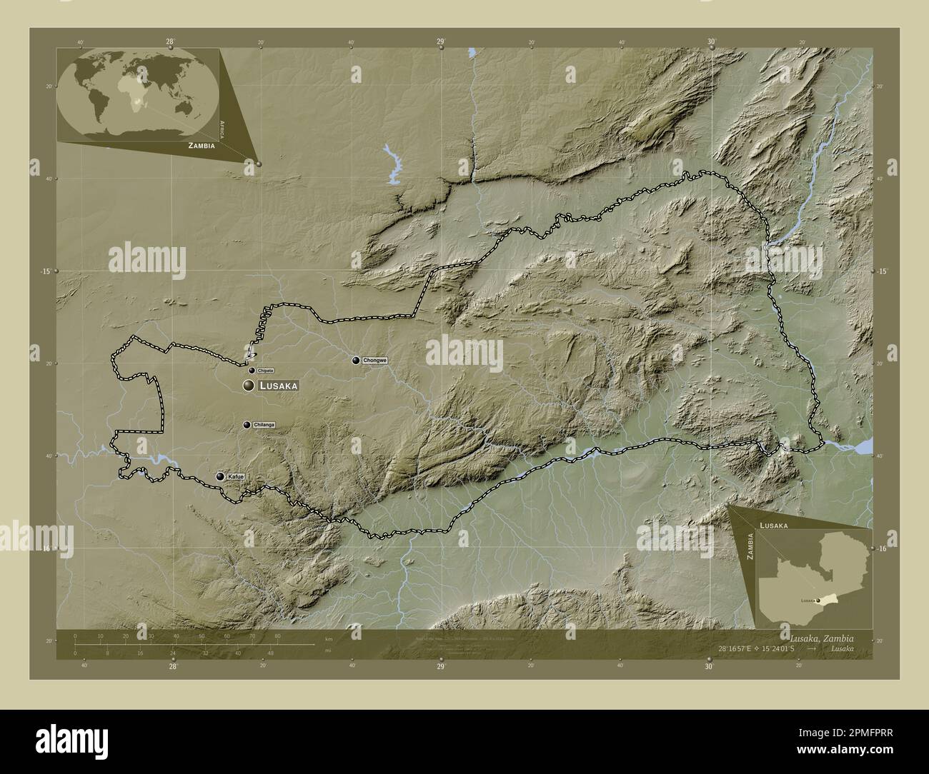 Lusaka, province of Zambia. Elevation map colored in wiki style with ...